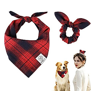 Christmas Dog Bandanas & Matching Scrunchie Set Plaid Dog Bandana Scarf Bibs with Bow Hair Ties for Pet Owner & Medium Large Dogs Red