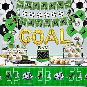 Soccer Party Supplies - 3 Set Soccer Themed Happy Birthday Banners, 1 Table Cloth, 10 Cake Toppers and 15 Soccer Theme Balloons Decorations for Kids and Soccer Fans Birthday Party