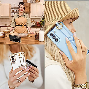 ZTOFERA Designed for Samsung Galaxy S21 Plus 5G Case with Wristband,Plating Edge Love Hearts Pattern Hand Strap Finger Holder Kickstand Case,Soft Shockproof Cover for Girls Women,White