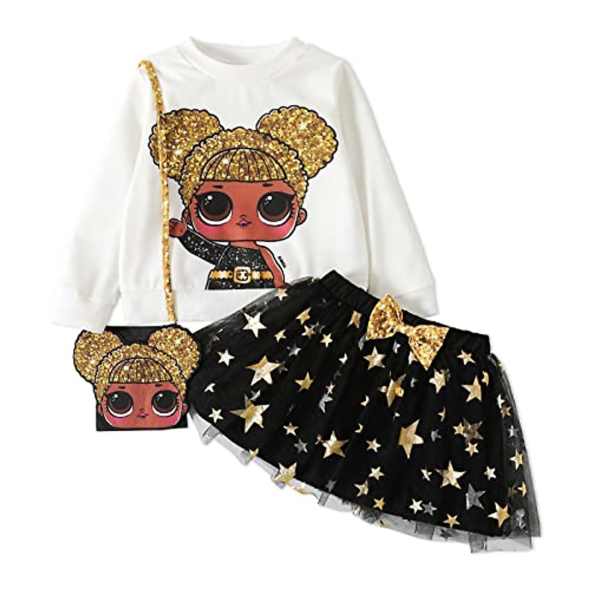 L.O.L. Surprise! Kids Toddler Baby Girl Skirt Set Long Sleeve Print Pullover Tee and Mesh Skirt with Bag Little Girls Outfits