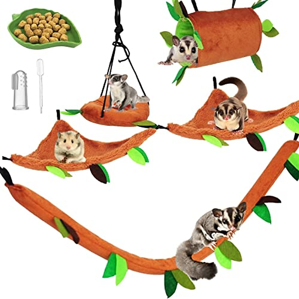 5 Pcs Sugar Glider Supplies Cage Accessories Hammock Set Hanging Cage Bed Hideout for Small Animal Pets Hamster Rat Guinea Pig Squirrel Gerbils