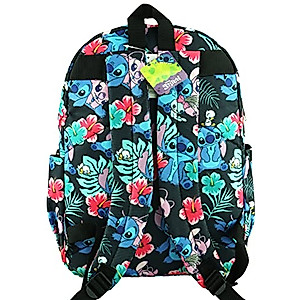 Lilo and Stitch 16 Inch Allover Print Backpack with Laptop Sleeve (Black W/Side Pockets)