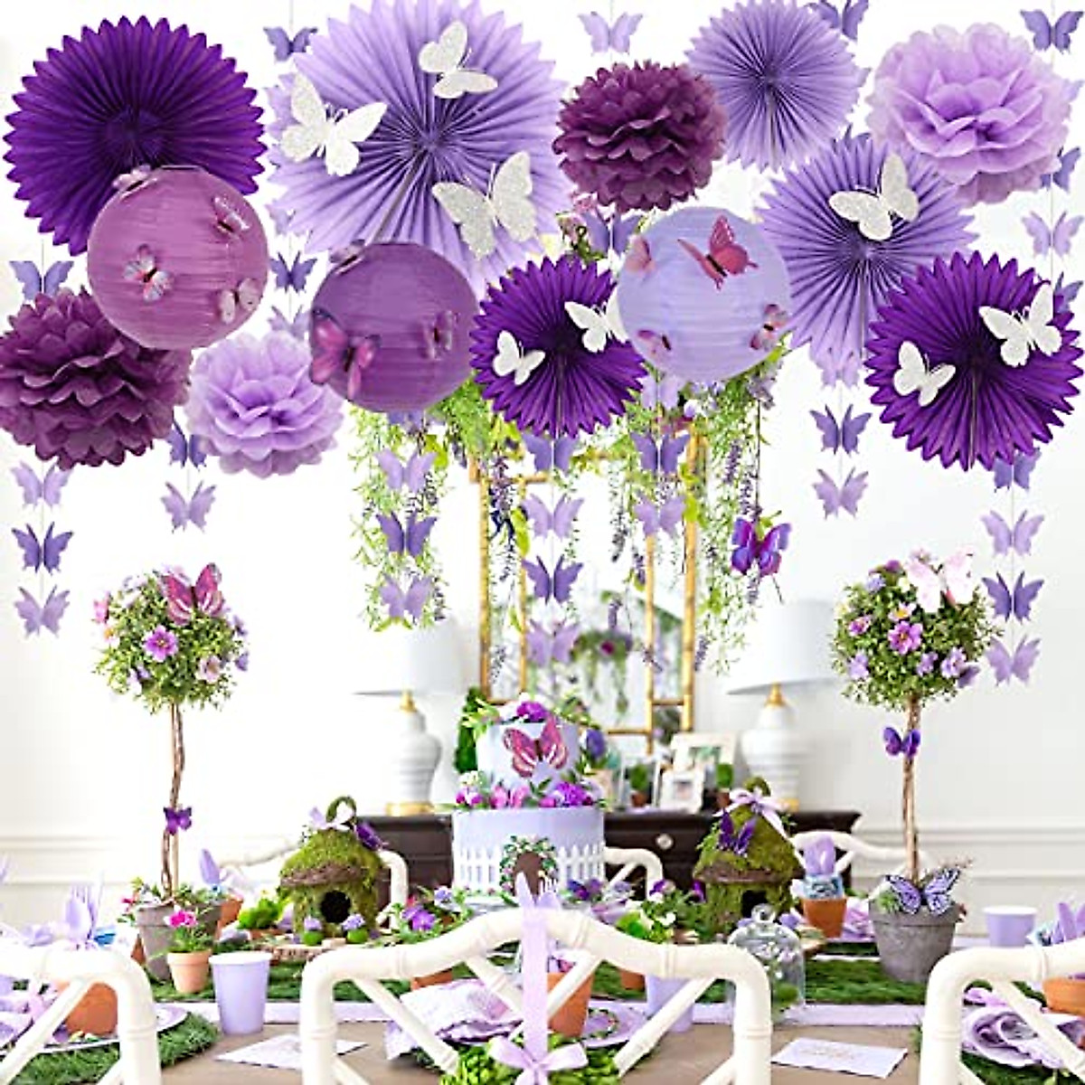 Butterfly Lavender Party Decorations Purple for Girl Women with Purple Butterfly Paper Garland Hanging Paper Fans Purple Lanterns and Honeycomb Balls for Birthday Party Bridal Showers and Wedding