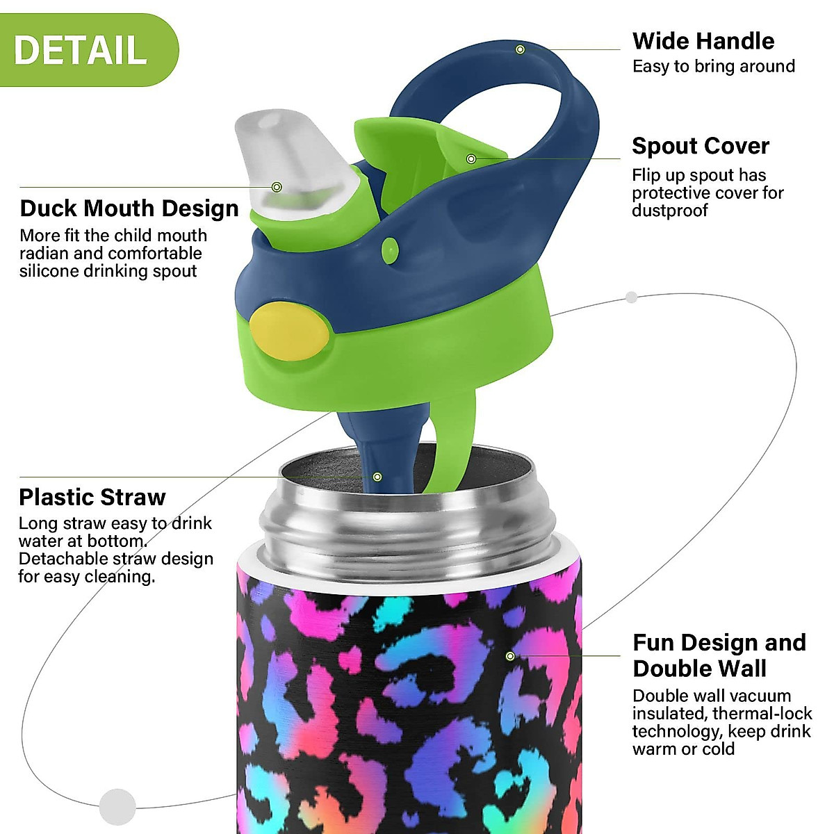 ALAZA Rainbow Leopard Print Cheetah Colorful Kids Water Bottles with Lids Straw Insulated Stainless Steel Water Bottles Double Walled Leakproof Tumbler Travel Cup for Girls Boys Toddlers 12 oz / 350 m