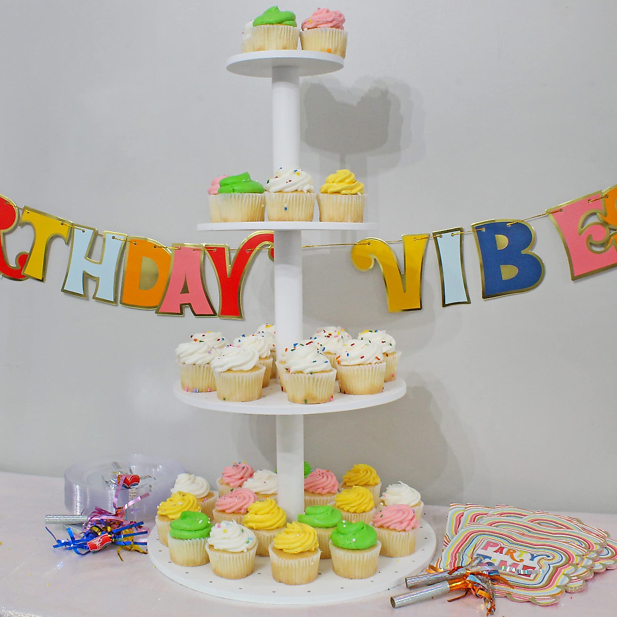 Darware Cake Pop/Cupcake Stand (4-Tiered); White Wooden Dessert Display for Parties and Special Events