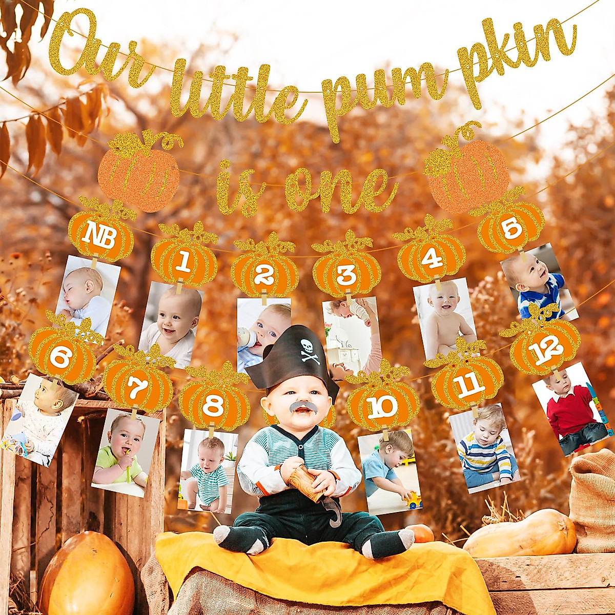 Fall Pumpkin 1st Birthday Photo Banner Autumn Pumpkin Birthday Photo Banner for Newborn to 12 Months Milestone Photograph Bunting Garland for Baby Boy Girl 1st Birthday Party Supplies