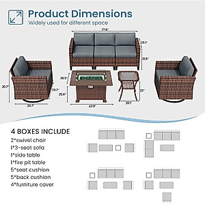 Amopatio Patio Furniture Set with Fire Pit Table, Outdoor Furniture Sectional Sofa with Swivel Chairs, Modern Conversation Sets for Balcony Backyard, Grey（Include Waterproof Covers ）