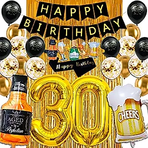 30th Birthday Decorations for Him, Black and Gold 30th Birthday Decorations with Happy Birthday Banner,Fringe Curtain,Confetti and Latex Balloons