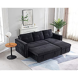 Tmosi Couch with Pull Out Bed, Sleeper Sectional L Shaped Velvet Sofa, 2 Seats Sofa with Reversible Storage Chaise, for Living Room Furniture Set (Black)