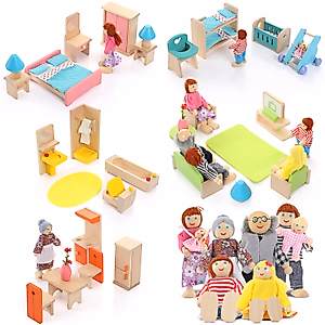 Wooden Dollhouse Furniture Doll House Furnishings with 8 Pieces Winning Doll Family Set, Dollhouse Accessories for Miniature Dollhouse, Family Figures Imaginative Play Toy (Cute Style)