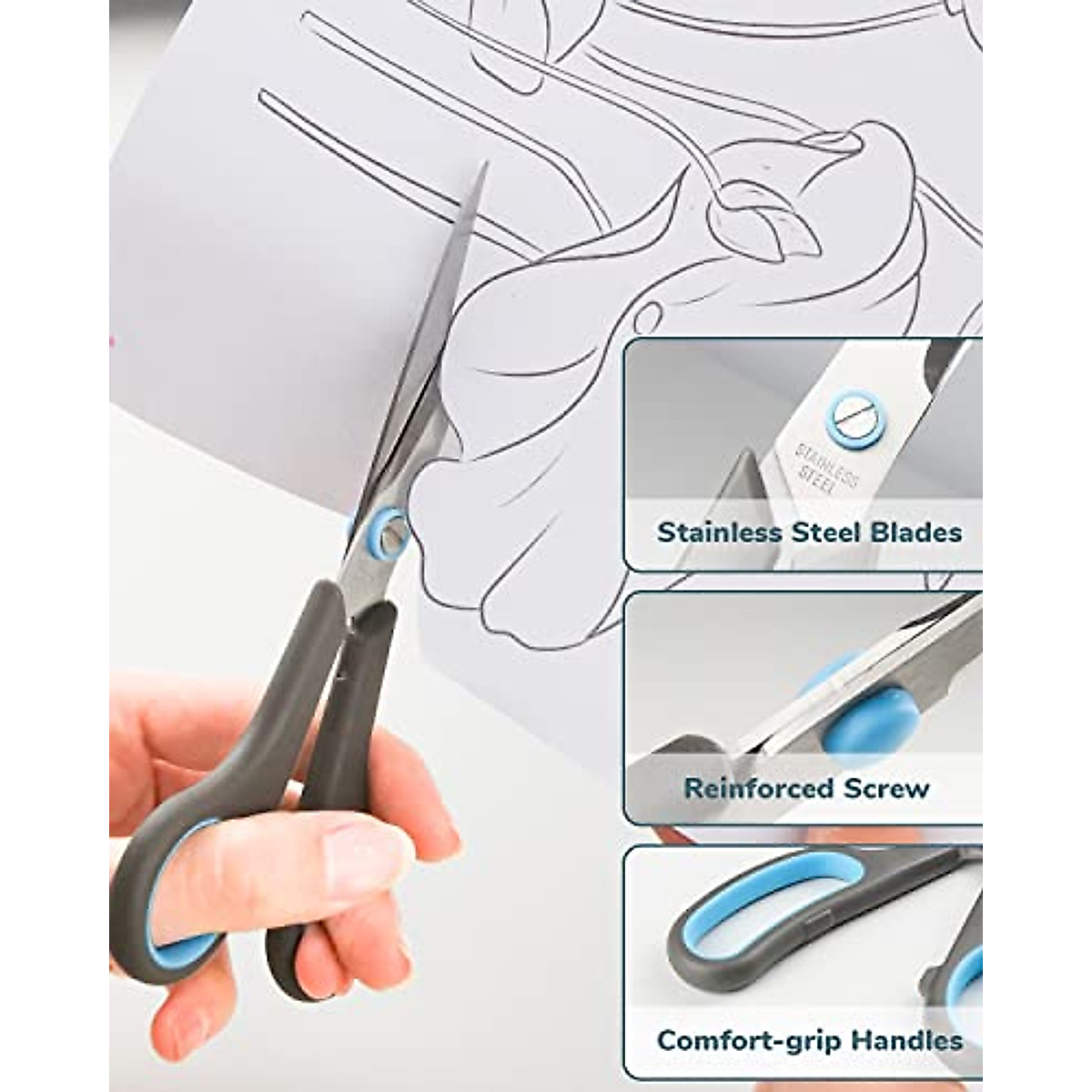 Teskyer Scissors Set of 4 Pack, 4 Sizes All-Purpose Stainless Steel Scissors with Comfort Soft Grip for Craft, School, Office and Family Daily Use, 9.6"/8.4"/6.3"/5.5", Blue & Grey