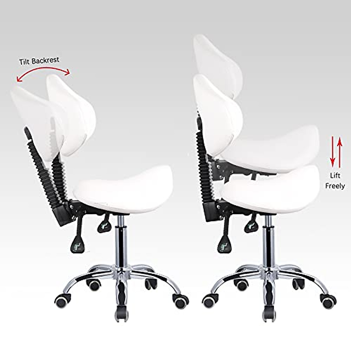 Height Adjustable Saddle Stool with Back Support, Ergonomic Hydraulic Swivel Rolling Chair with Removable Backrest for Beauty Salon Massage Dental Clinic Office, White