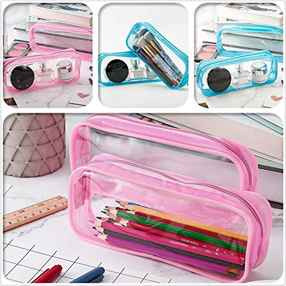 LIUCM Clear Pvc Zipper Pen Pencil Case, Portable Big Capacity Pencil Bag Makeup Pouch,Pink