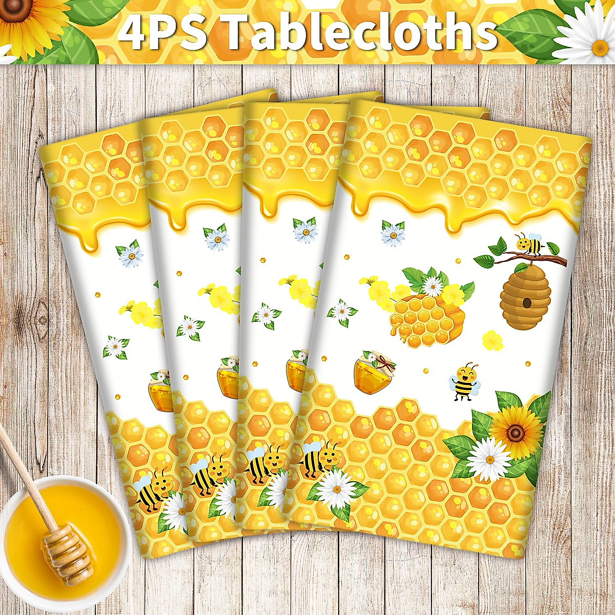 4 Pack Bee Tablecloth Happy Bee Day Tablecloths Rectangle Honey Bees Bumble Table Cover Bee Theme Party Tablecloth for Bee Baby Shower Bee Birthday Party Decorations 51 x 86 Inch