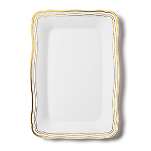 Posh Setting Plastic Serving Tray White Plastic Tray with Gold Rim Border, Disposable Serving Trays Heavyweight Serving platters and Trays 9"x13" Appetizer Tray [6 Pack]