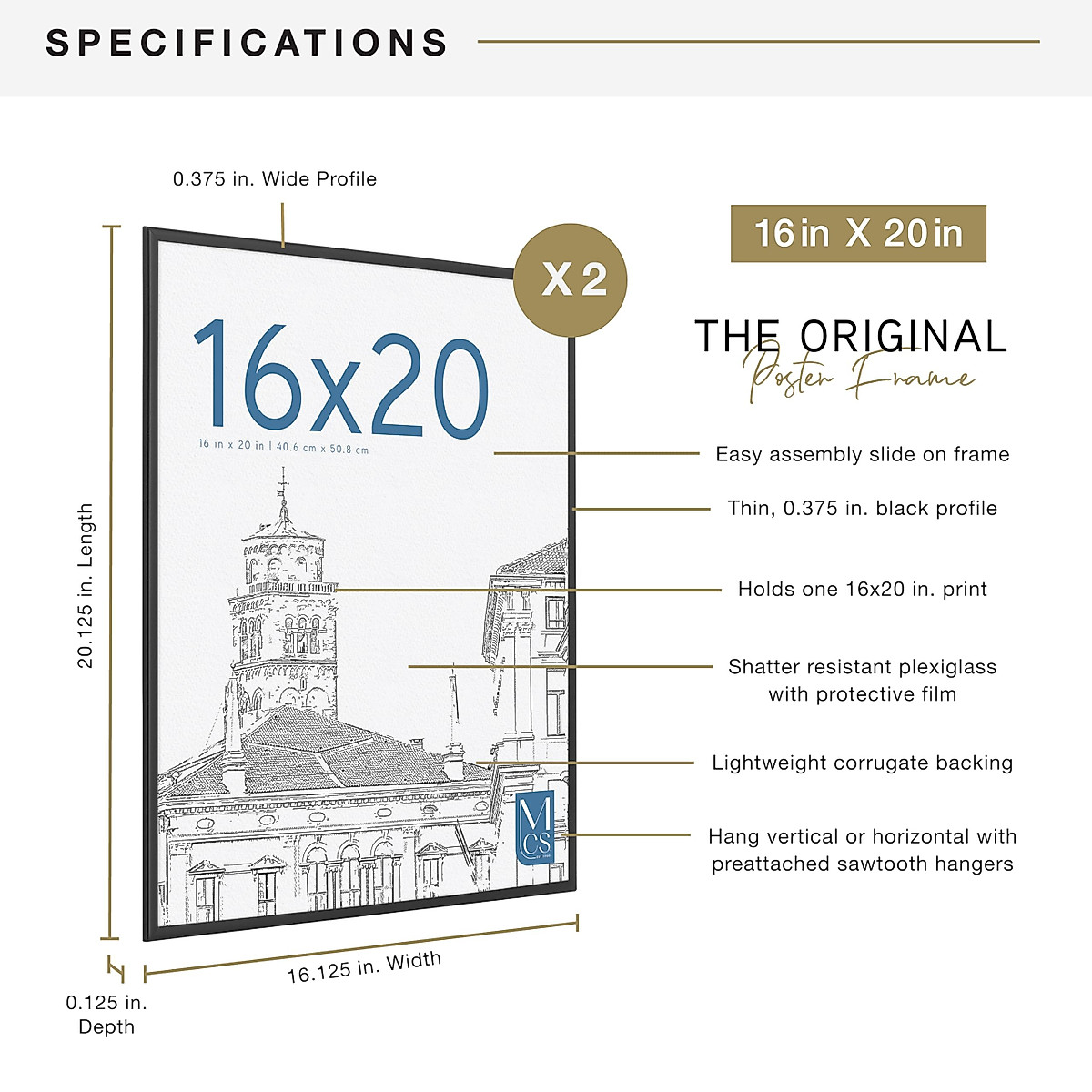 MCS Original Poster Frame 16x20 Black Lightweight Vertical & Horizontal Wall Hanging Large Picture Frame for Posters, Art Prints & Gallery Wall (2-Pack)