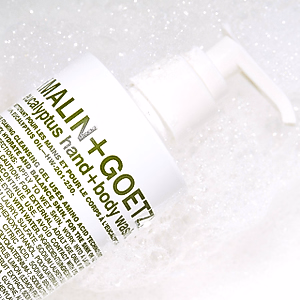 Malin + Goetz Eucalyptus Hand + Body Wash natural cleansing, purifying, hydrating hand & body wash. all skin types, dry, irritated, sensitive. No stripping/irritation. Cruelty-free & vegan 16 Fl oz