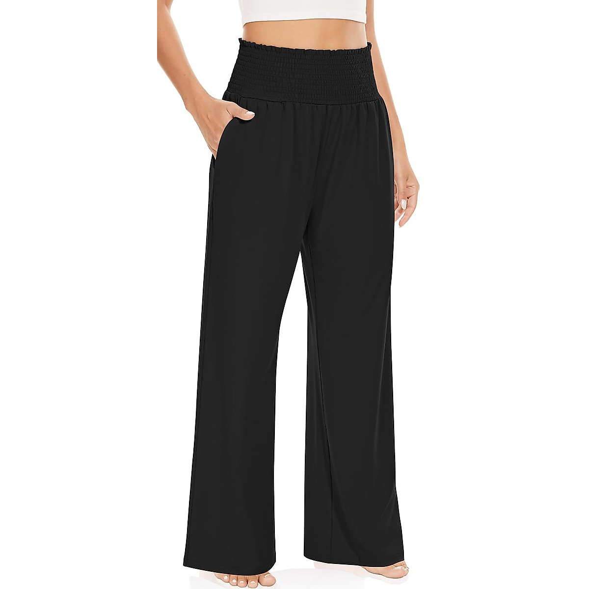 UEU Womens Smocked Ruffle High Waisted Wide Leg Pants Casual Loose Yoga Sweatpants Lounge Pajamas with Pockets Black