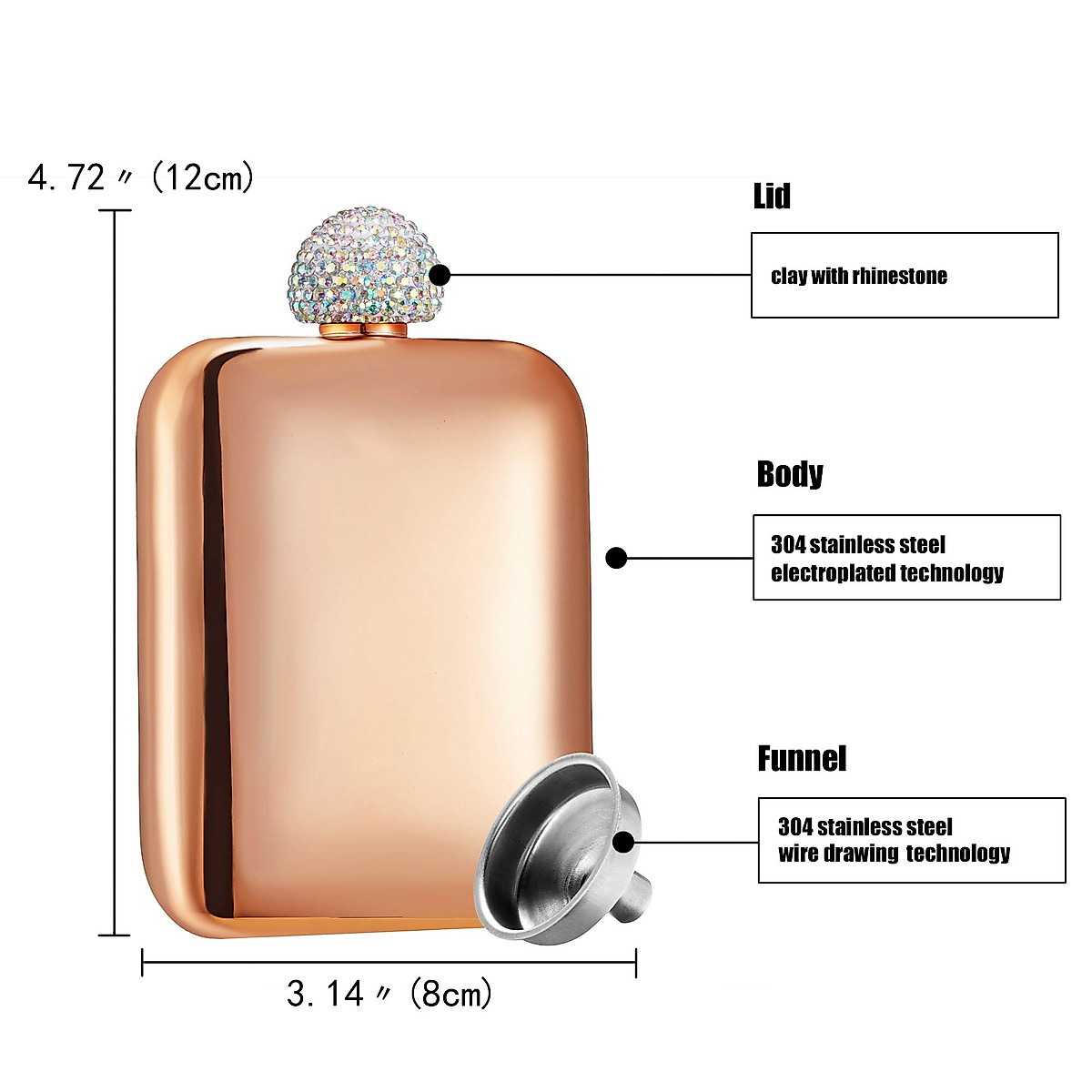 Hillside-Kit Booze Shot Flask- AB Crystal Lid Creative 304 Stainless Steel Wine Alcohol Liquor Flask for Women Girls Men Party Hand size Flask-6OZ