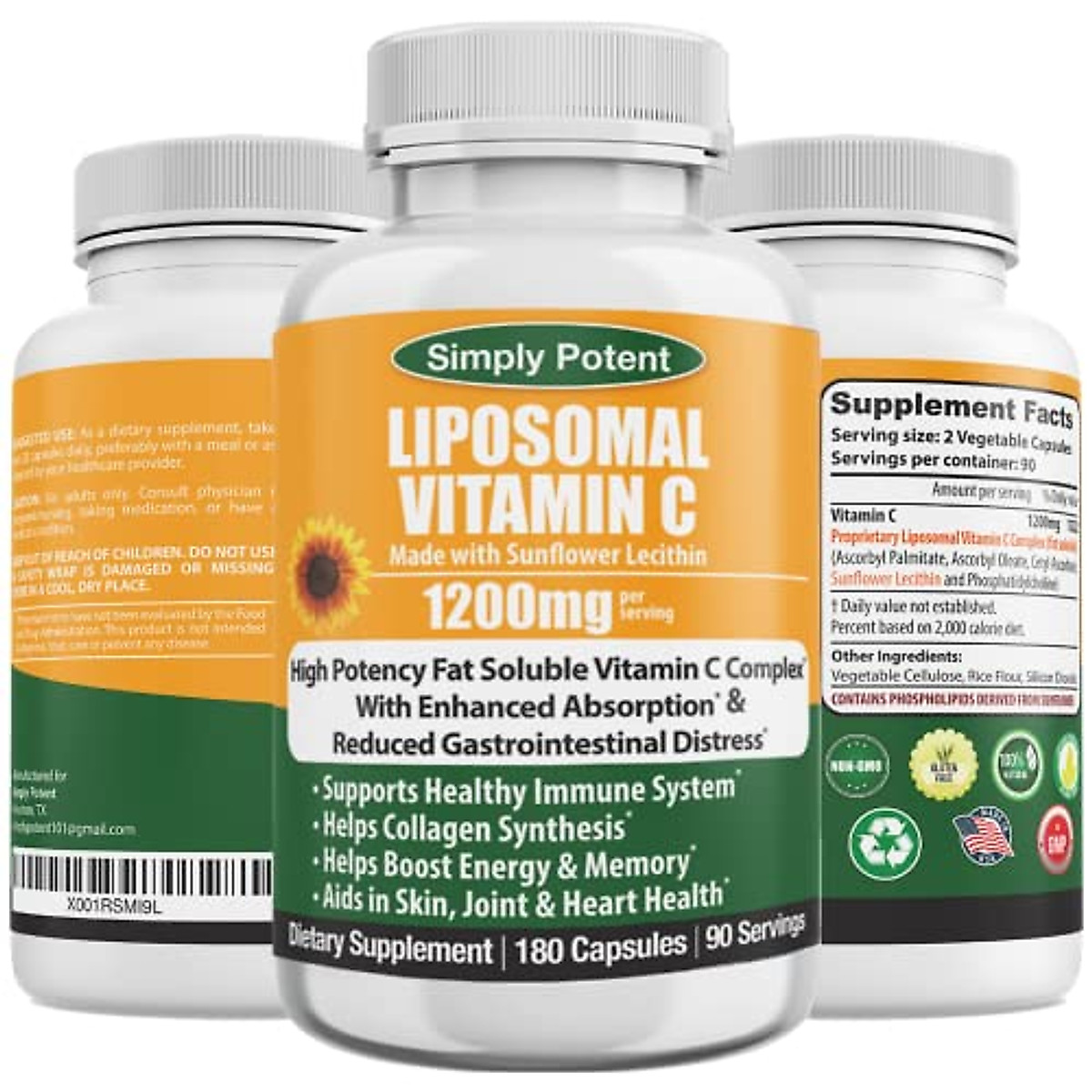 Liposomal Vitamin C 1200mg, 180 Capsules, Ascorbic Acid VIT C, High Dose Enhanced Absorption Fat Soluble Vitamin C, Powerful Antioxidant Supplement for Immune Support, Collagen, Heart & Brain Health