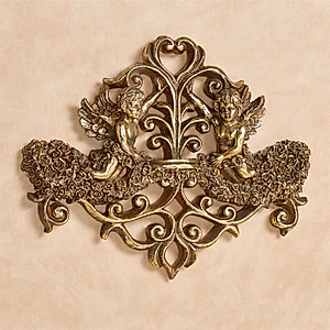 Touch of Class Cherubic Gardens Wall Art Aged Gold - Made of Polystone - Baroque Style - Scrolling Angel Sculpture - Elegant Distressed Sculptures for Bedroom, Living Room, Hallway - 15 Inches High