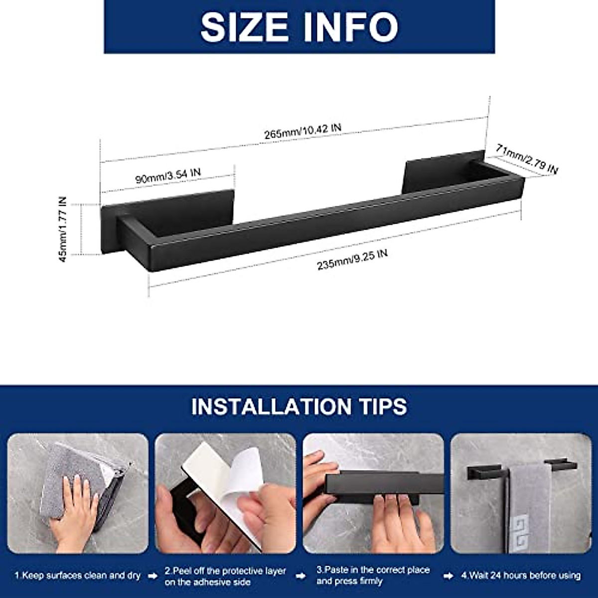 NearMoon Self Adhesive Bathroom Towel Bar-Stainless Steel Square Bath Wall Shelf Rack Hanging Towel Stick On Sticky Hanger Contemporary Style, NO Drilling （Matte Black, 9-Inch Towel Rack）