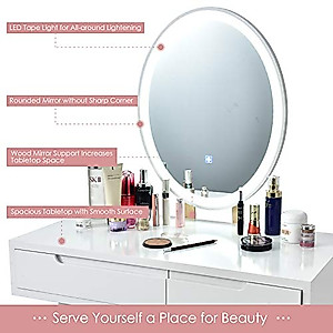 CHARMAID Vanity Set with Lighted Mirror, 3 Modes Adjustable Brightness Mirror, Makeup Dressing Table with Cushioned Stool, 2 Sliding Drawers with Divider, Modern Bedroom Vanity for Girls Women (White)