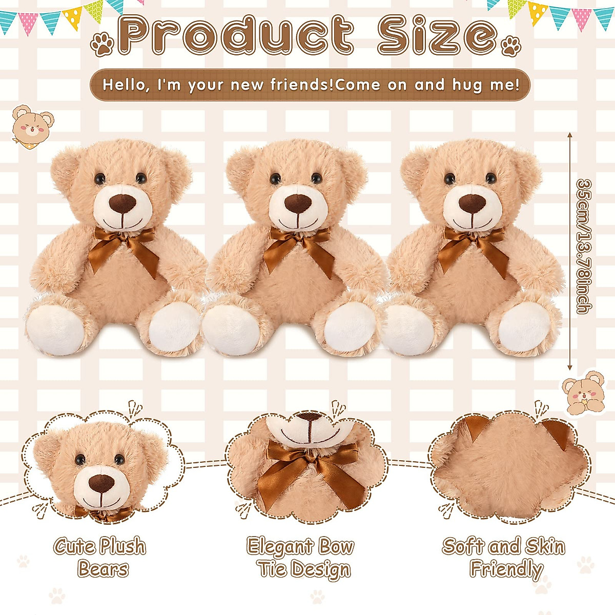 Zhanmai 12 Pcs 14 Inch Bear Stuffed Animal Bulk Plush Stuffed Bear for Baby Shower 2024 Graduation Gifts Birthday Party Favors Birthday Wedding Party Decorations(Light Brown)