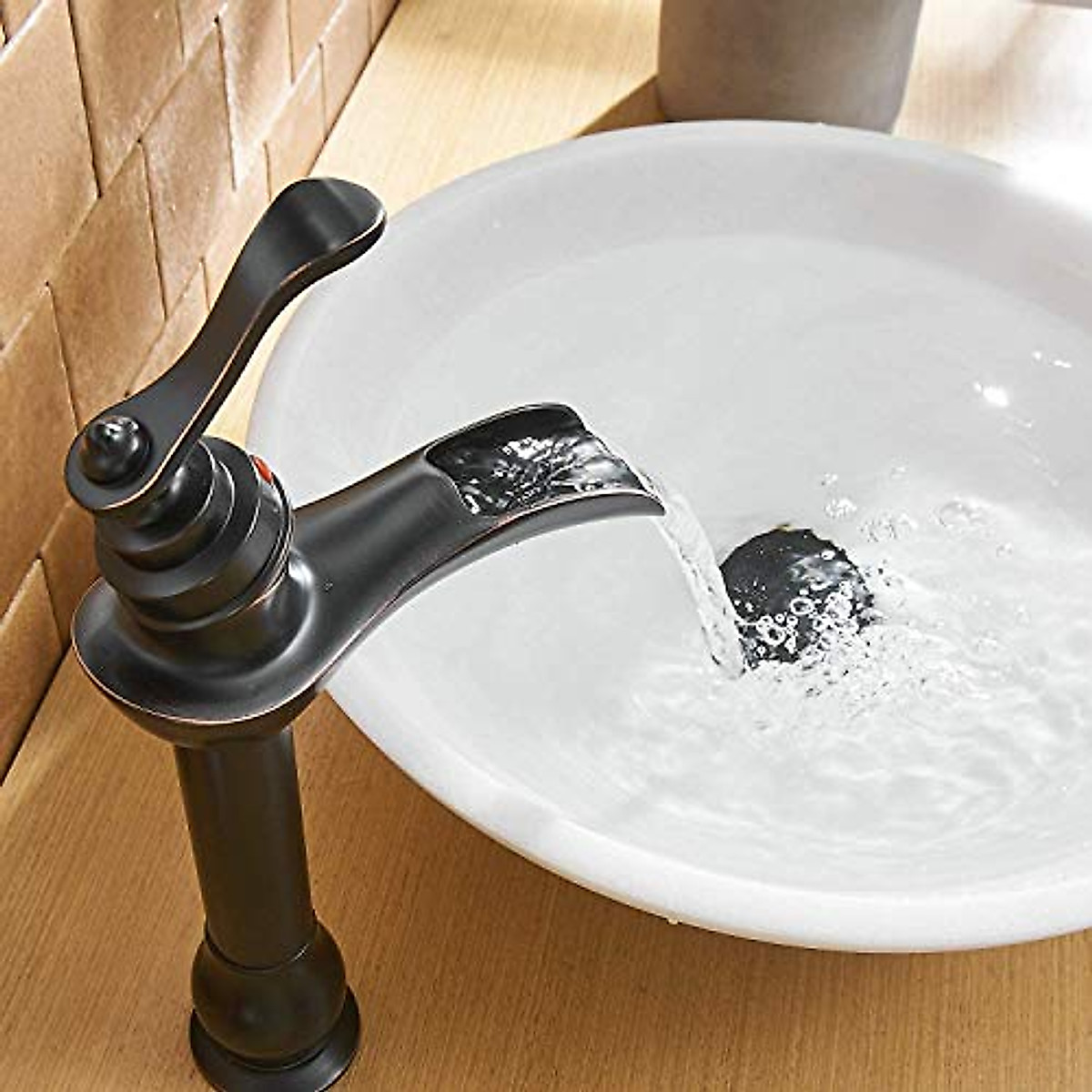 Bathfinesse Vessel Sink Faucet Bathroom Bowl Faucets Tall Oil Rubbed Bronze Farmhouse Waterfall Spout Lavatory Single Handle 1 Hole with Pop Up Drain Stopper and Supply Lines Lead-Free