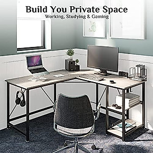 Klvied L Shaped Desk, Large Computer Desk, Office Desk with Storage Shelves, Corner Desks for Home Office, Reversible Writing Desk, Space-Saving Workstation Desk, Modern Simple Wooden Desk, Grey