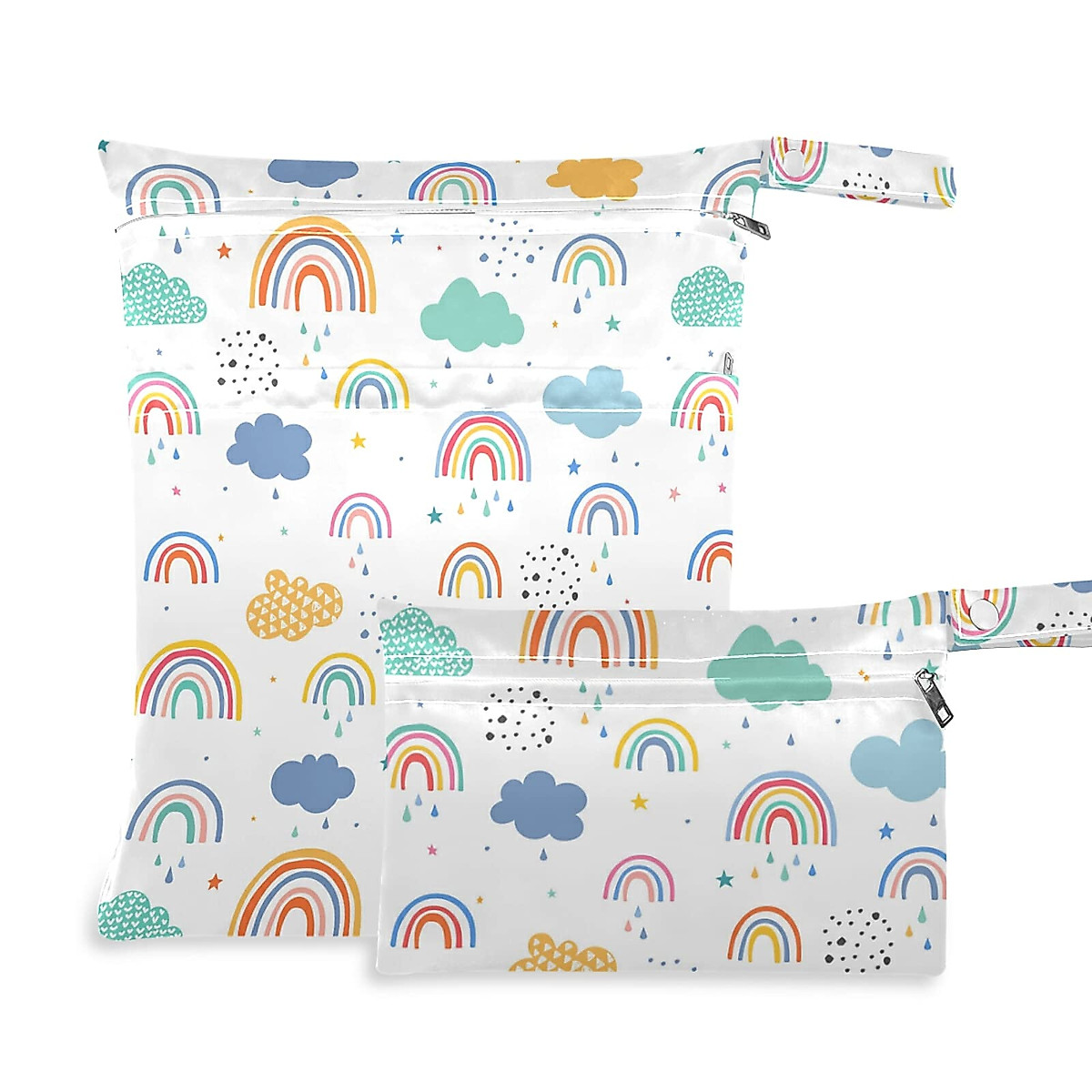 JXDXHCW Waterproof Wet Bag 2 Pack Cute Cartoon Rainbow Pattern Cloth Diaper Bag Travel Swimsuit Pool Gym Clothes Cosmetic 2 Zipper Pockets Dry Wet Pouch Set