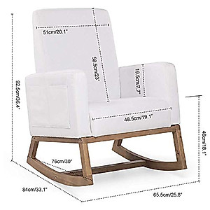 Paddie Rocking Chair Nursery, Fabric Rocking Armchair with Solid Wood Base/Side Pocket, Linen Fabric Upholstered Accent Chairs for Living Room (White)