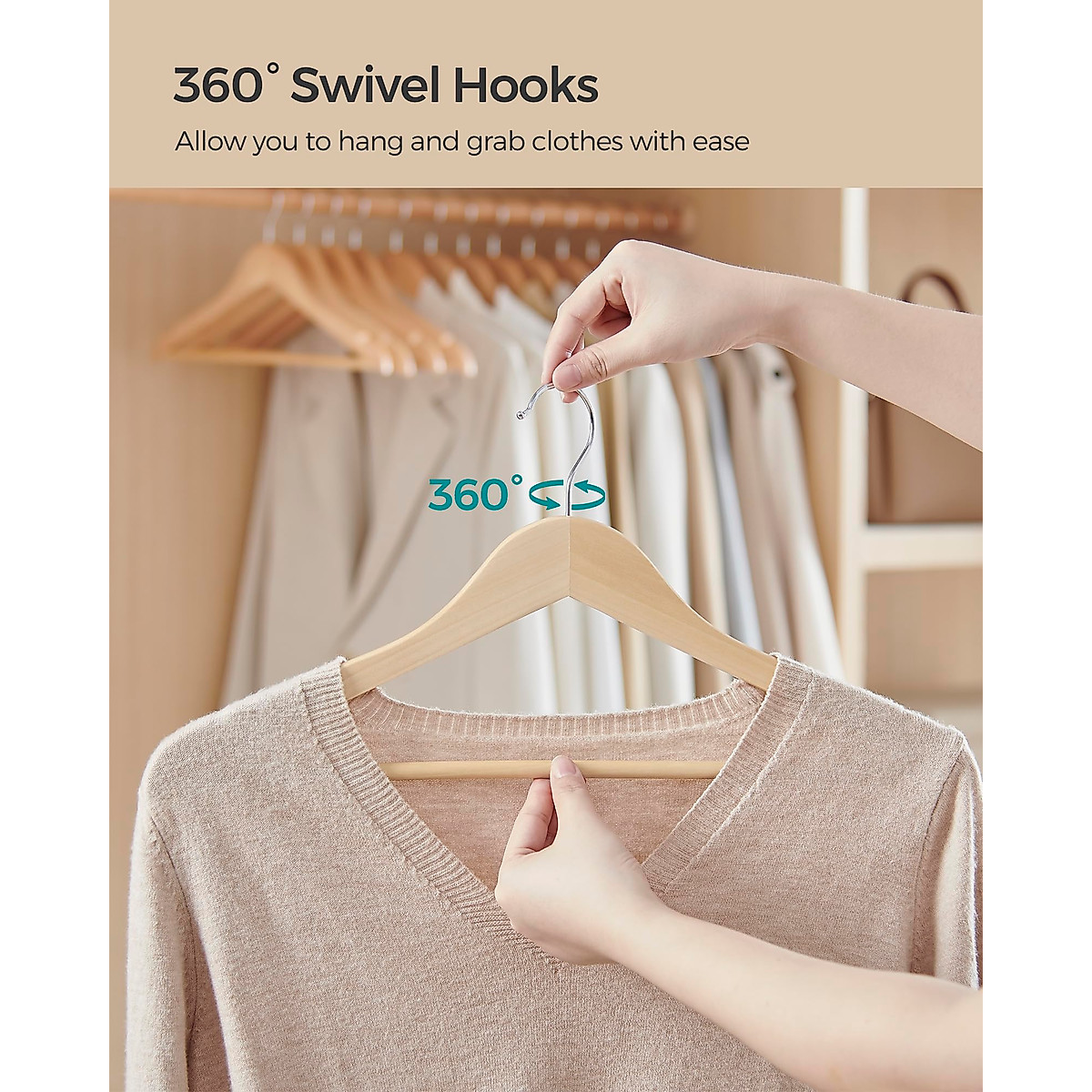 SONGMICS Wooden Hangers, Pack of 24, Coat Hangers, Non-Slip, Pants Bar, 360° Swivel Hooks, for Jackets, Shirts, Coats, Natural Beige UCRW010N24