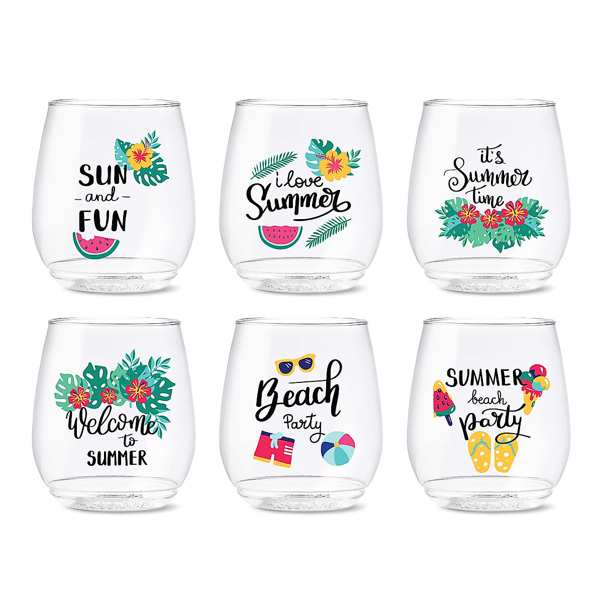 TOSSWARE POP 14oz Vino Summer Sips 1 Series, SET OF 6, Premium Quality, Recyclable, Unbreakable & Crystal Clear Plastic Wine Glasses