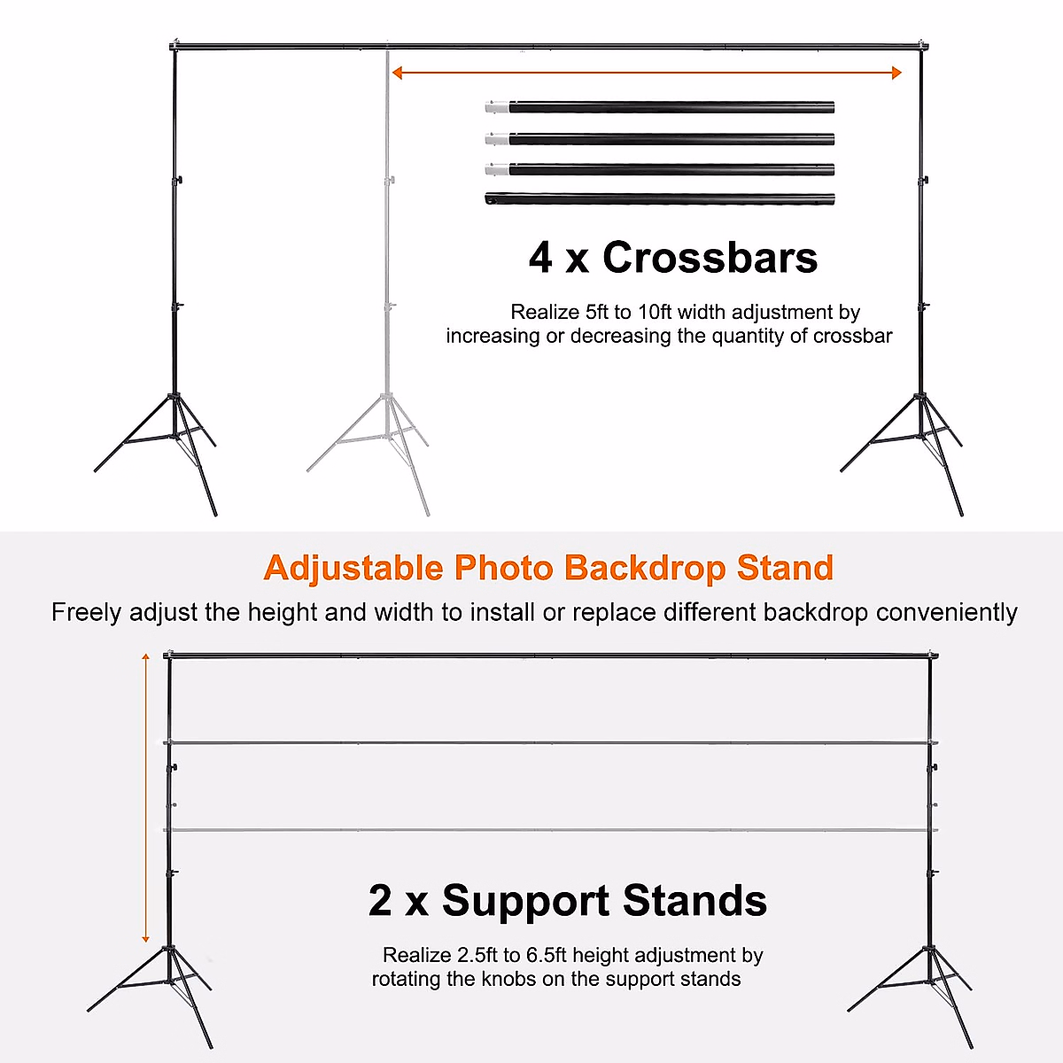 Backdrop Stand Photo Video Studio, 10Ft Wide Adjustable Backdrop Stand, Background Support System Kit with Clamps Carry Bag