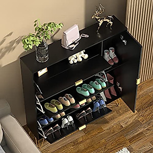 ANBUY Shoe Cabinet, Free Standing Tipping Bucket Shoes Cabinets, Shoes Storage Cabinet with 3 Flip Drawers and Storage Shelves, Narrow Shoe Rack Cabinet for Entryway, Modern Shoes Organizer