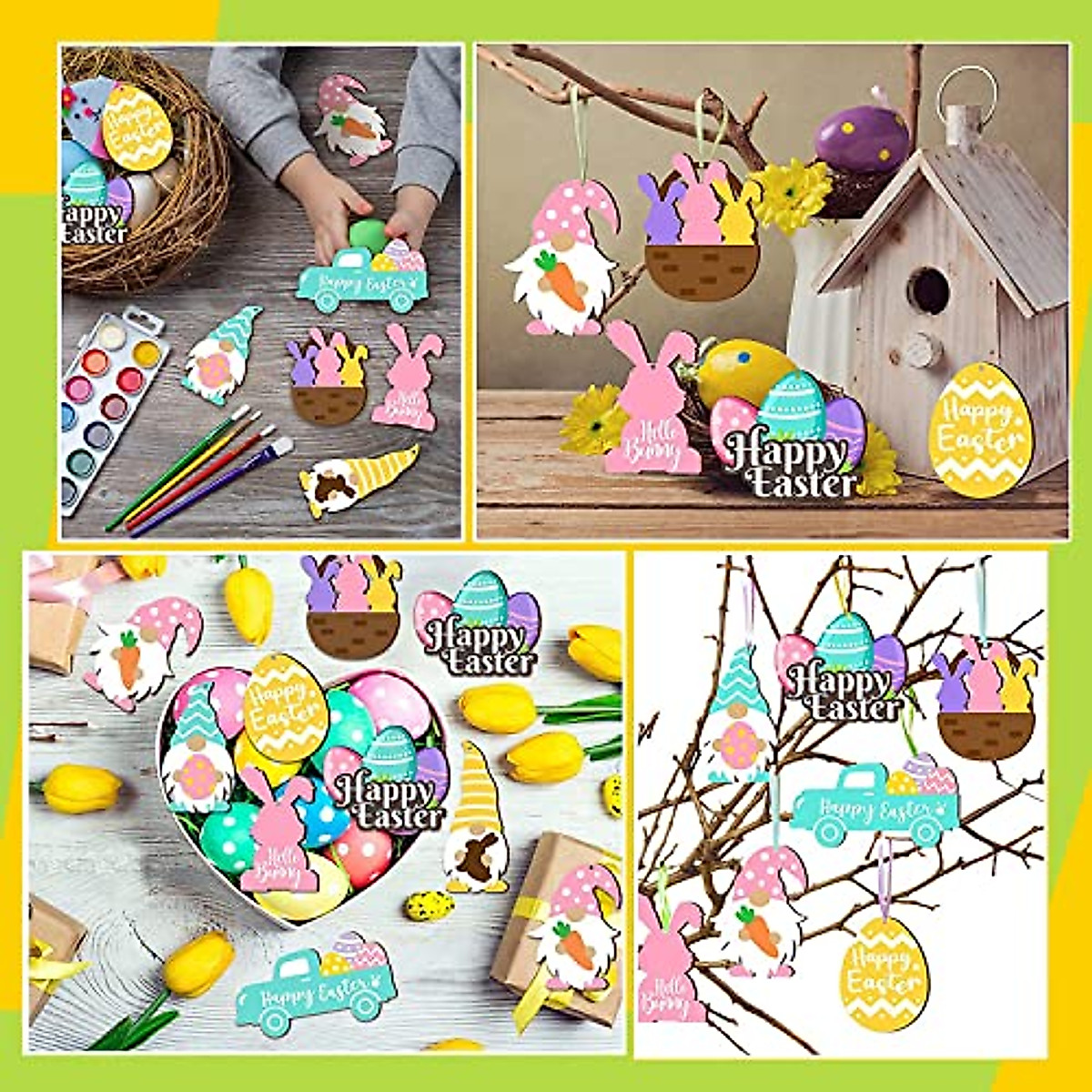 40 Pieces Easter Wooden Ornaments for Tree Happy Easter Egg Gnome Bunny Chick Cutouts Wood Hanging Ornament Spring Easter Wooden Slice Decorations for Party Home Classroom Decor, 20 Styles