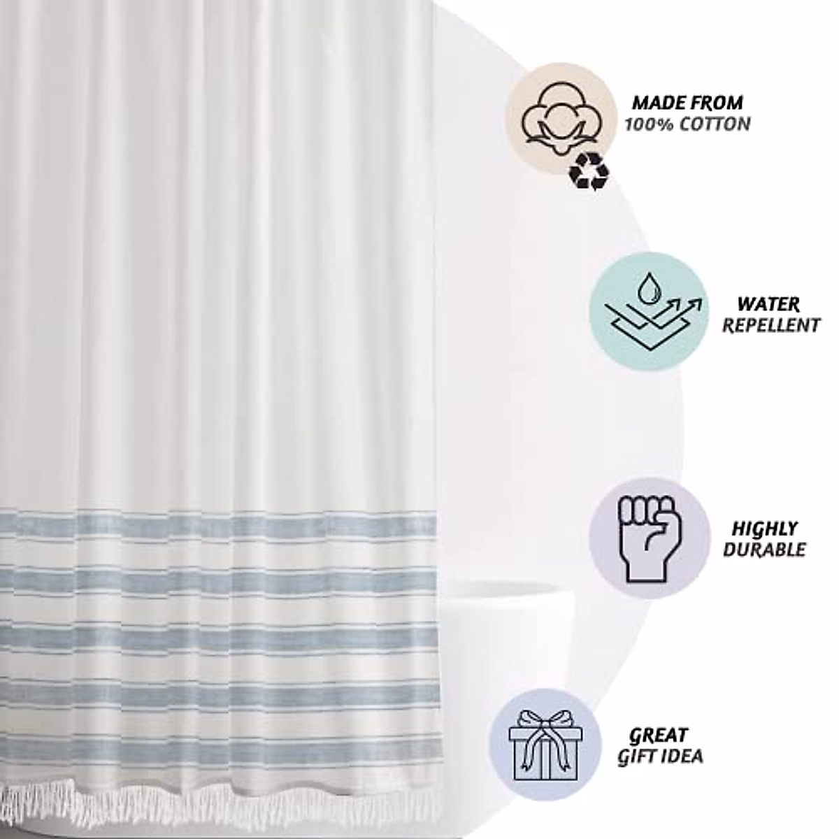 Folkulture Boho Shower Curtain Blue, 72 inch Shower Curtains for Bathroom with Tassels for Bathroom Décor, Water Repellent, Recycled Cotton, (Dusty Blue)