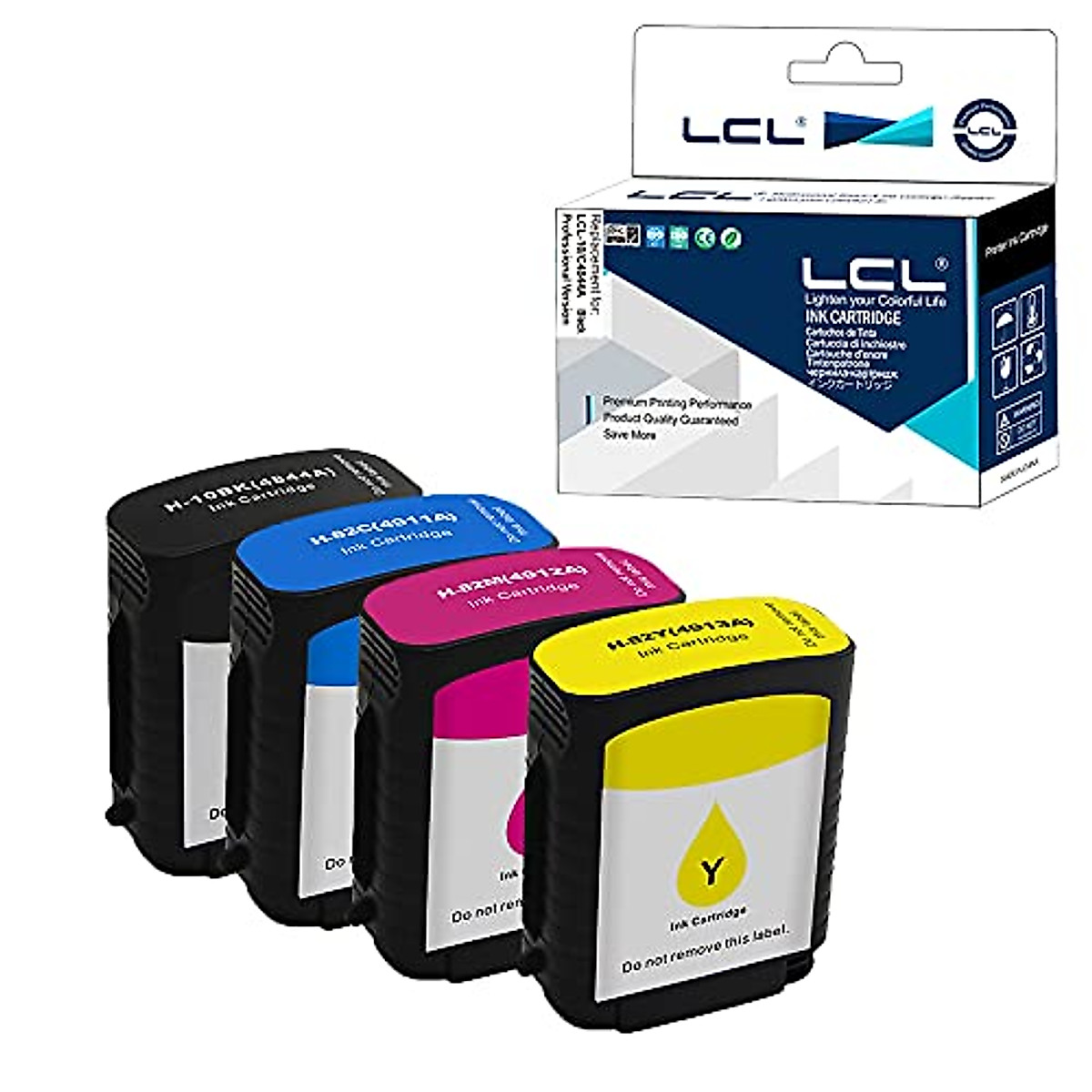 LCL Compatible Ink Cartridge Replacement for HP 10 82 C4844A C4911A C4912A C4913A Designjet 500 500ps 500Plus 800 800ps 815 815mfp 820mfp 820 (4-Pack Black Cyan Magenta Yellow)