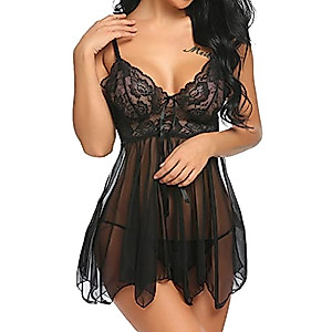 Avidlove Women Babydoll Set Mesh Lingerie Strap Chemise Lace Sleepwear Outfits Black Medium