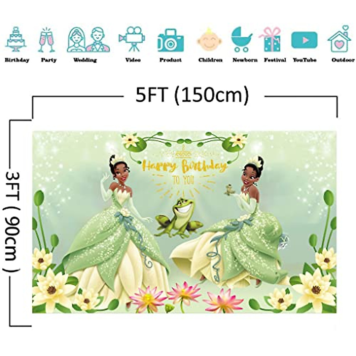 Wenqiang Princess Tiana Backdrop for Birthday Party Banner Decorations Happy Birthday Princess and The Frog Supplies Photography Background 5x3ft Cake Table