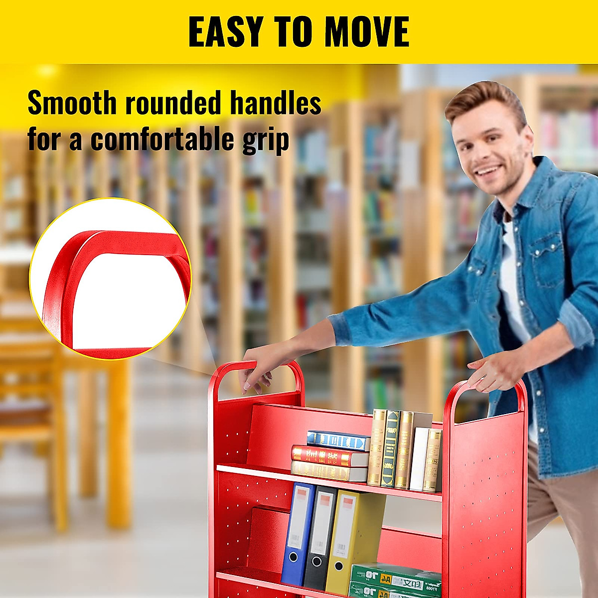 VEVOR Book Cart, 200lbs Library Cart, 35x19x49 Inch Rolling Book Cart Double Sided W-Shaped Sloped Shelves with 4-Inch Lockable Wheels for Home Shelves Office and School Book Truck in Red