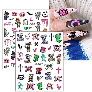 JMEOWIO 9 Sheets Halloween Nail Art Stickers Decals Self-Adhesive Pegatinas Uñas Pink Ghost Pumpkin Spider Web Cute Nail Supplies Nail Art Design Decoration Accessories