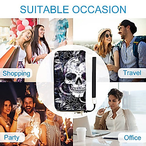 QSMX Wallets for Women Teen Girls Boys,Cool Skull Snake Rose Gothic Style Card Cash Envelope Clutch Bag Customize Leather Long Handbag Case with Removable Wristlet Chaines