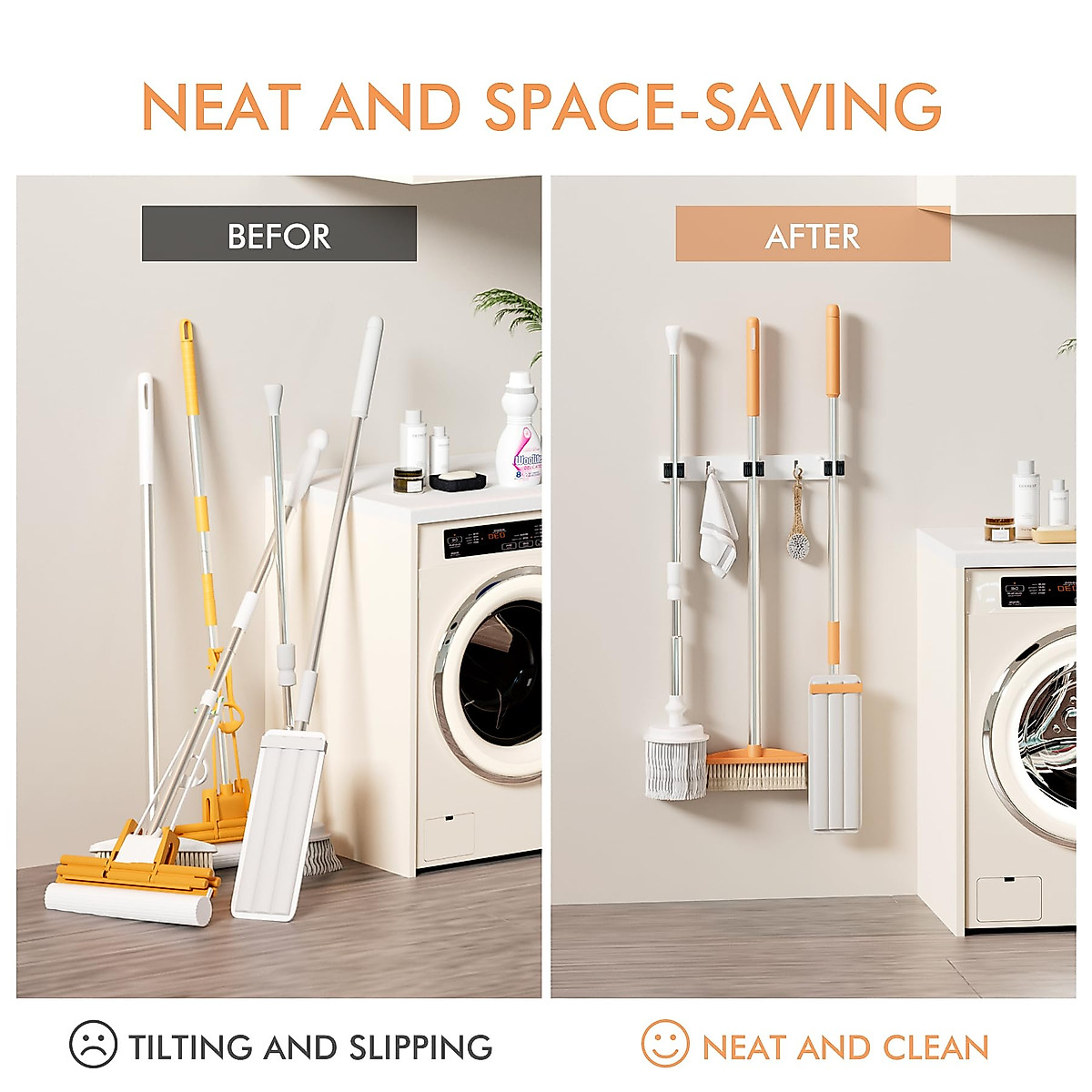 LIGHT DUST Broom Mop Holder Rack - 2 Pack Broom Organizers - Wall Mount Over the Door Mop Hangers with Hooks Slots Combination - Hanging Grip for Household Supplies Storage Organization (White)