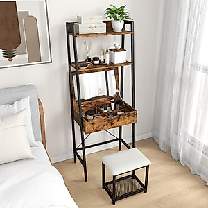 CHARMAID Ladder Vanity Desk Set - Makeup Vanity Table with Flip Top Mirror, Cushioned Stool, 4 Storage Compartments, Open Shelves, Girls Dressing Table for Small Space (Rustic Brown & Black)
