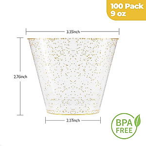 100PCS 9oz Glitter Plastic Cups for Party, Disposable Gold Cups, Plastic Cocktail Glasses for Wedding Thanksgiving, Christmas, and Parties