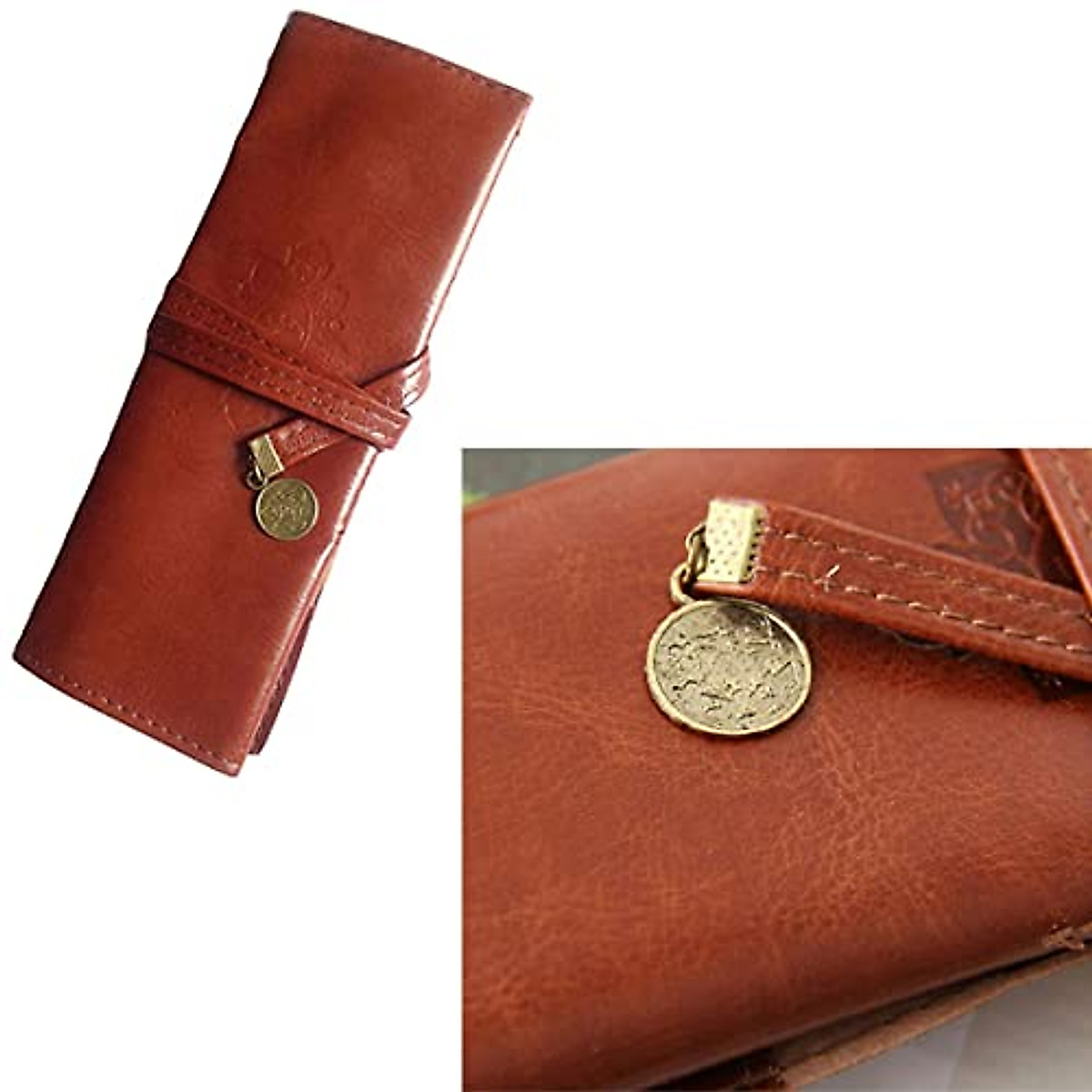 Pencil Bag Pen Pouch Leather Vintage 21x8cm Brown Roll Up Case Retro Stationery Storage School Supply Pen Case Leather Pencil Bag,Pencil Leather Roll Pouch,Pencil Pouch Bag,Pencil Roll