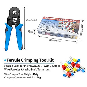 DIVANC Ferrule Crimping Tool Kit, Ferrule Crimper Plier with 1200pcs Wire Ferrules Kit Wire Ends Terminals, Self-adjustable Ratchet Wire Crimper for AWG 23–7 Electrical Wire Connectors（Blue）