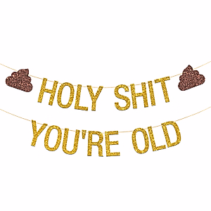RoadSea Holy Shit You're Old Banner - Funny Birthday Party Garland Supplies for Adult - 30th 40th 50th 60th 70th 80th Birthday Party Decorations - Gold Glitter